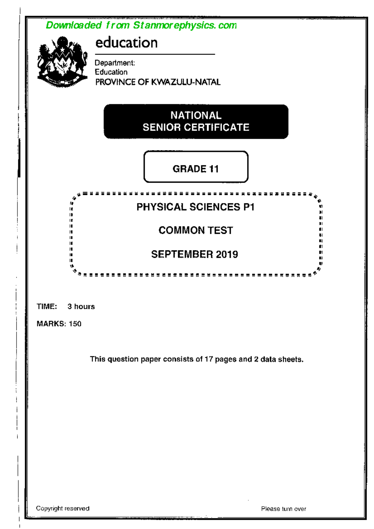 PHY Sep 2019 P1 grade 11 QP and MEMO - Downloaded f rom St ...