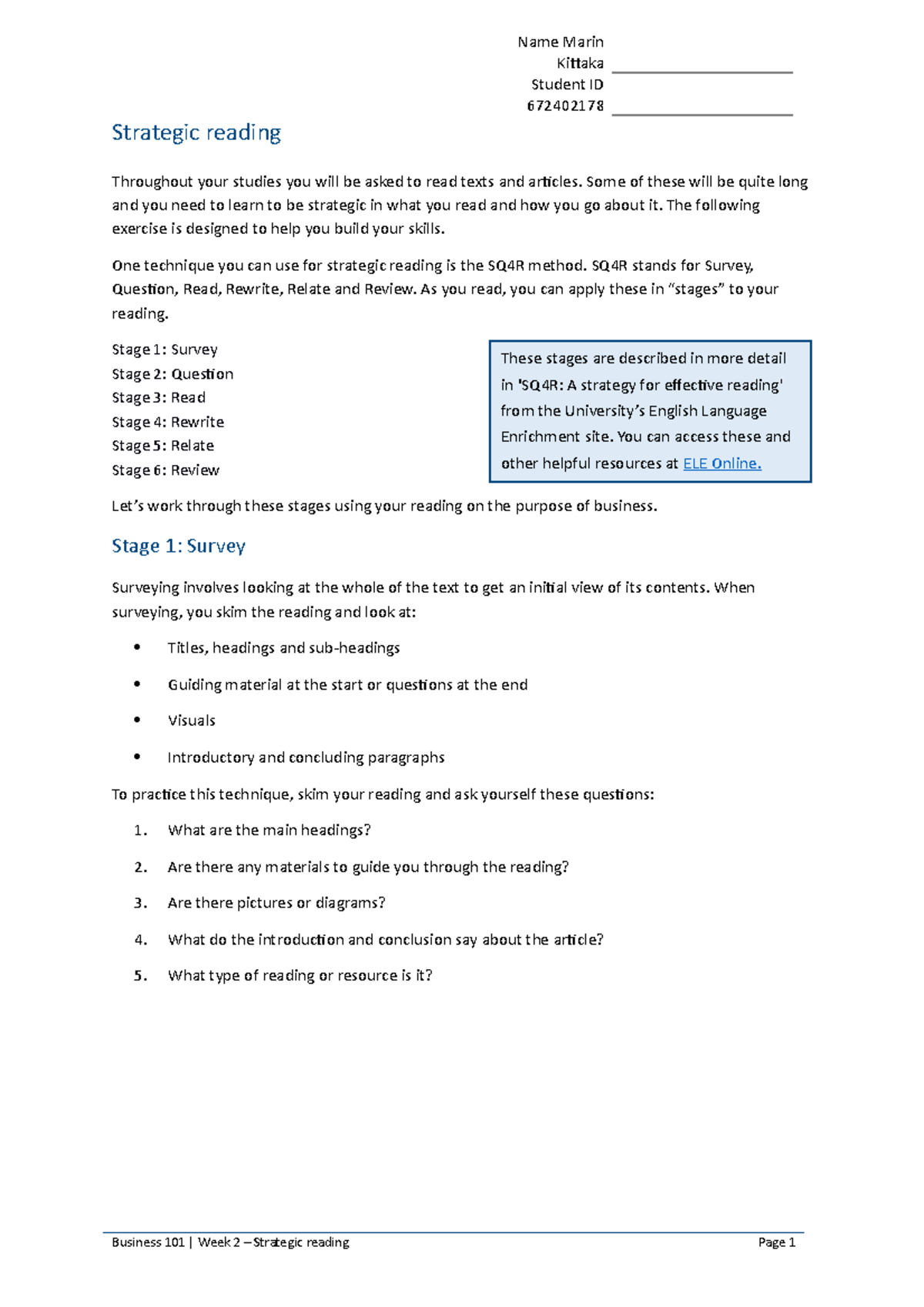 Week 2 - Exercise Strategic Reading - Strategic reading Throughout your ...