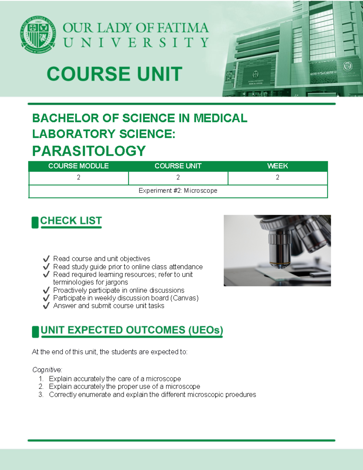 PARA+CM2- Session 2-CU2 - BACHELOR OF SCIENCE IN MEDICAL LABORATORY ...