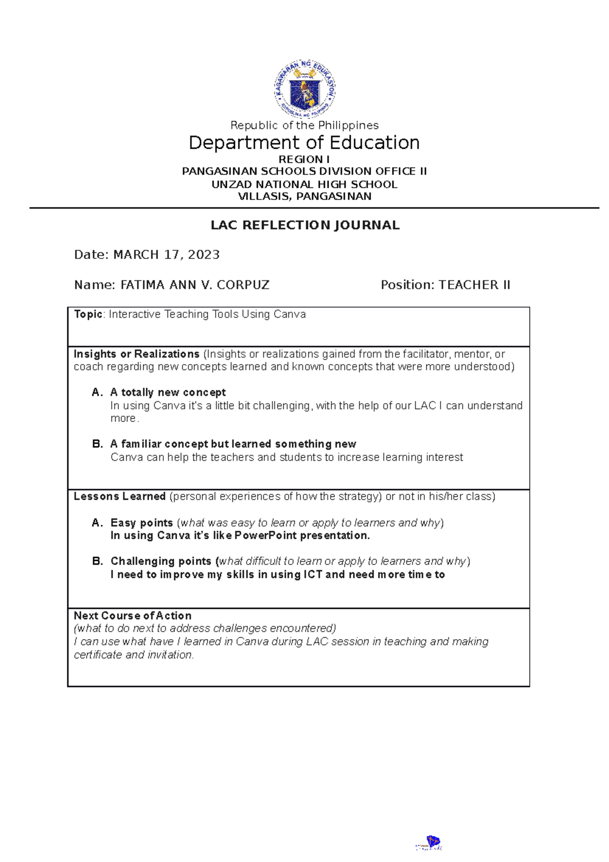 LAC-Reflection-Journal - Department of Education REGION I PANGASINAN ...