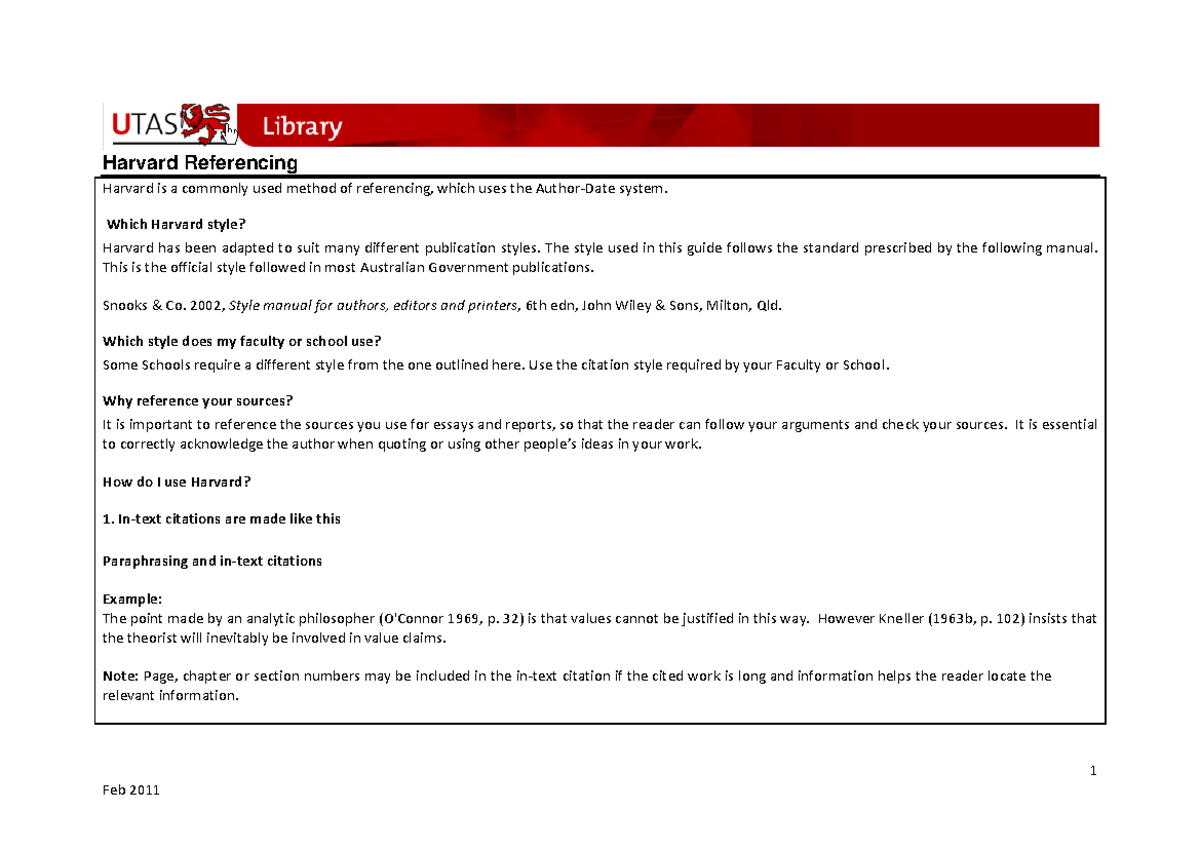 UTAS Harvard referencing 2011 - 1 Harvard Referencing Harvard is a commonly used method of - Studocu