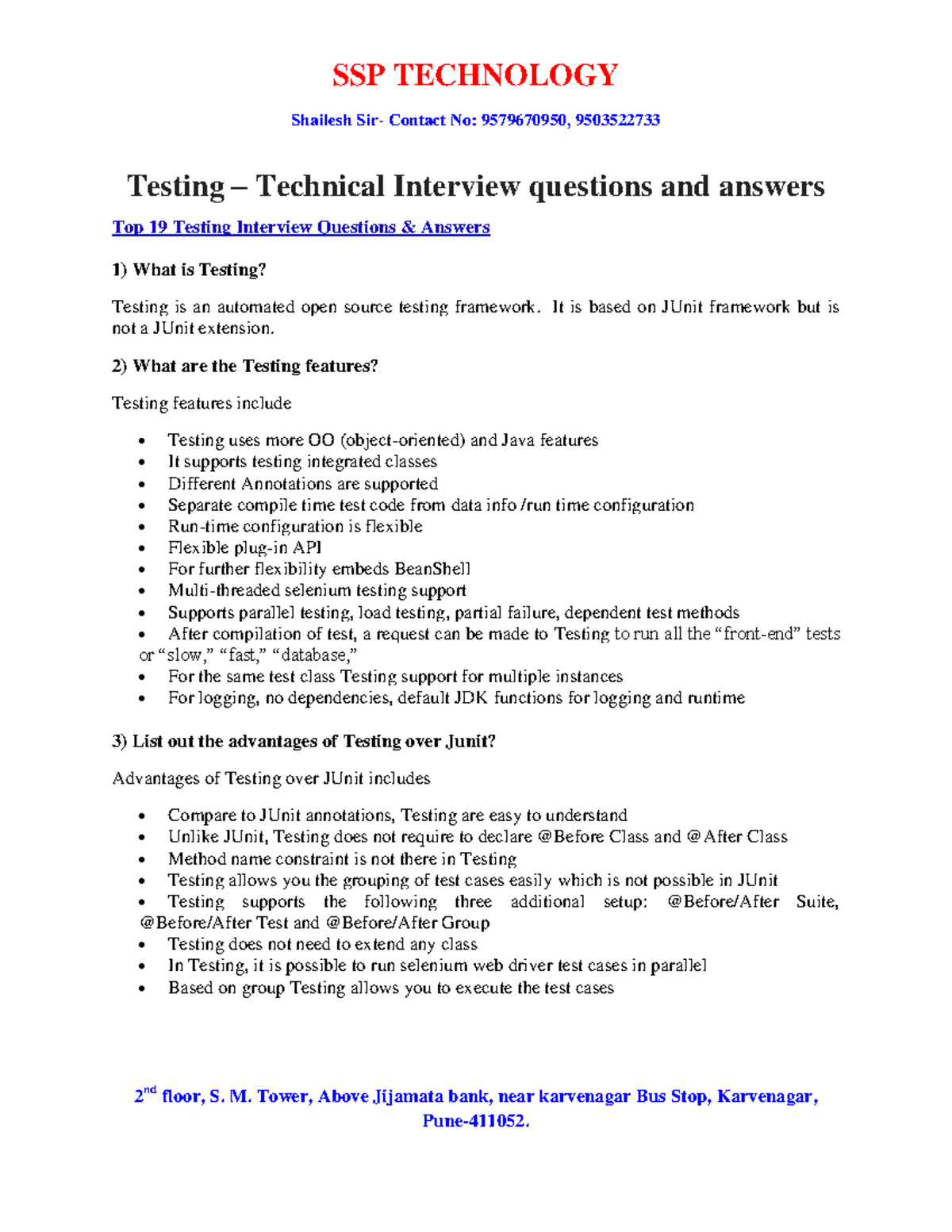 Testing Interview Questions 2019 - Shailesh Sir- Contact No: 9579670950 ...