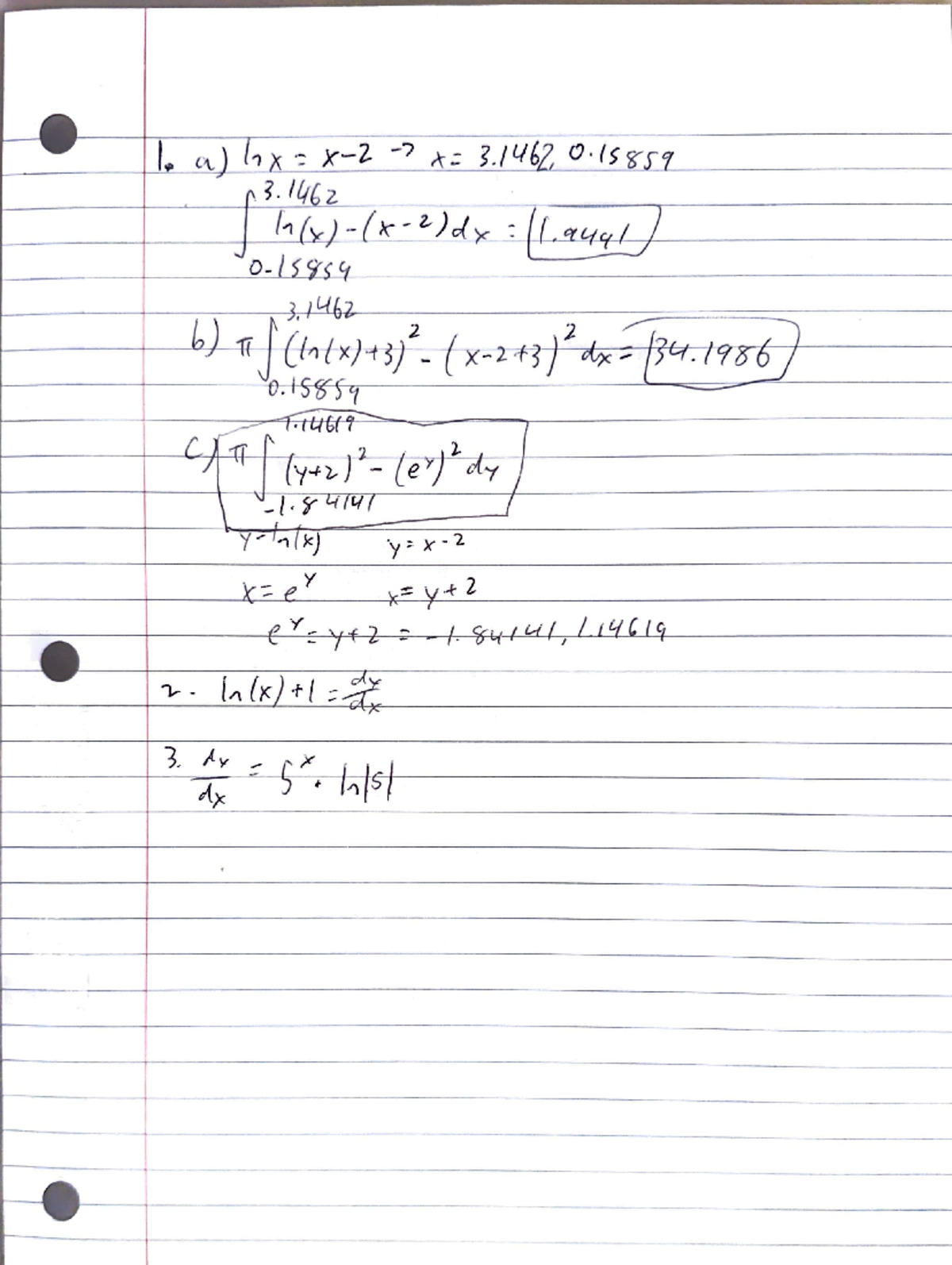 Adobe Scan Oct 11, 2024 - math hw - 1. a) lax = x-2 -7 x= 3,0 3 (h(x)-(x-2)dx: 1 0-15854 3 b) II ...