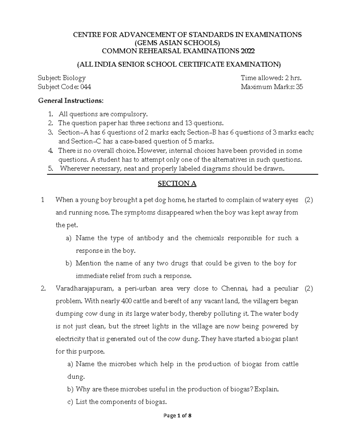 Grade 12 Biology CASE Question Paper 1 2022 CENTRE FOR ADVANCEMENT OF