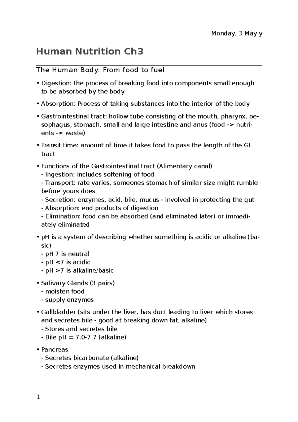 HPRO3250 CH3 Digestion - Human Nutrition Ch The Human Body: From food ...