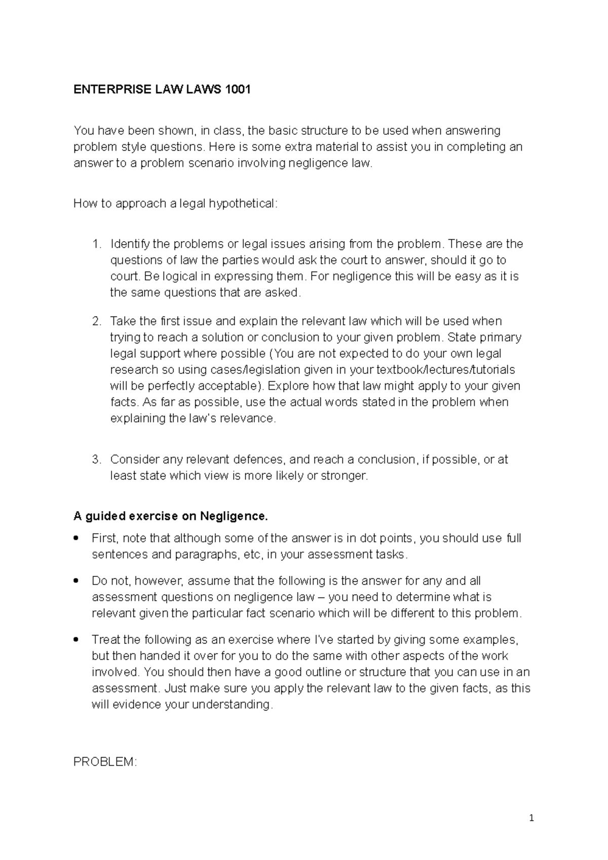 How to answer a Law problem - negligence - ENTERPRISE LAW LAWS 1001 You ...