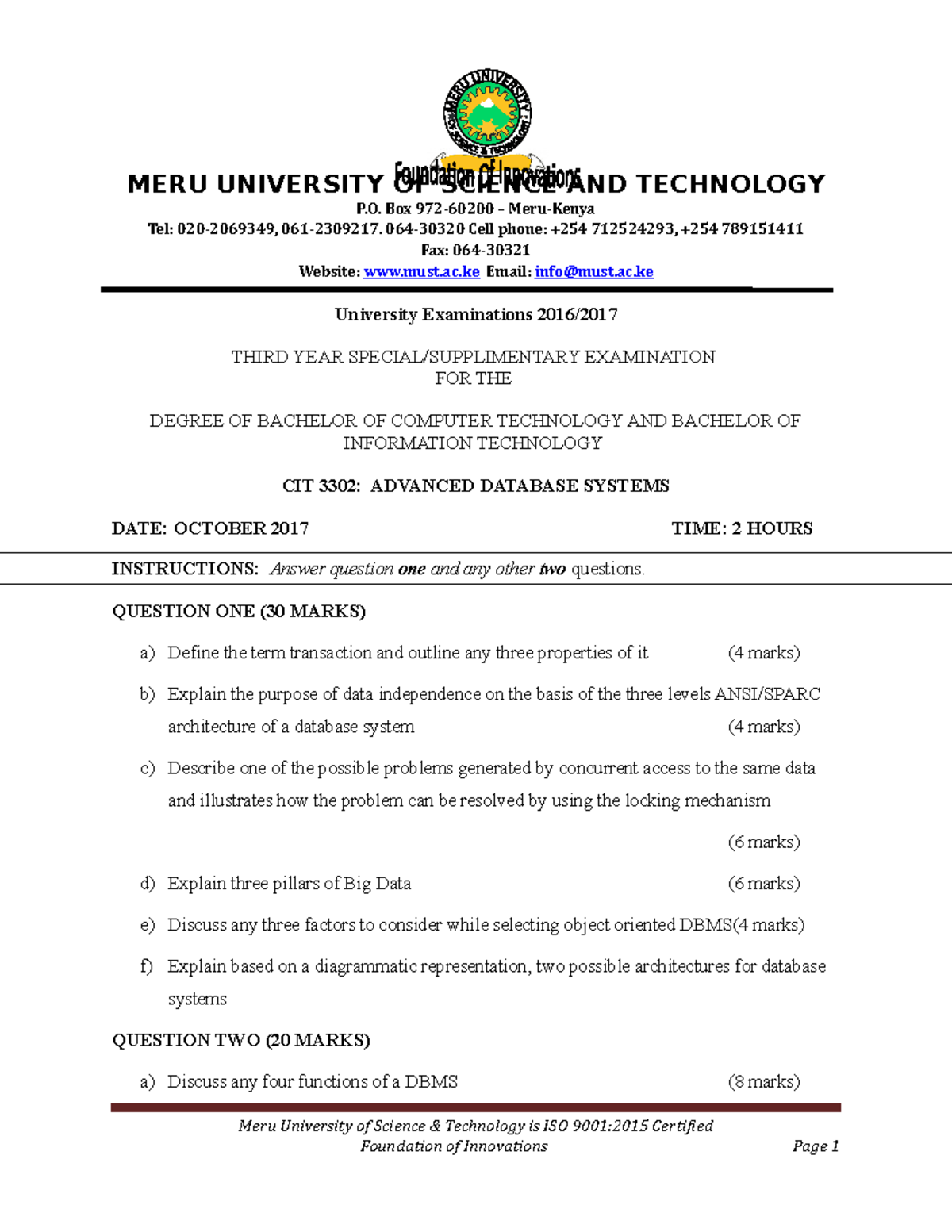 10. CIT 3302 Advanced Database Systems - MERU UNIVERSITY OF SCIENCE AND ...