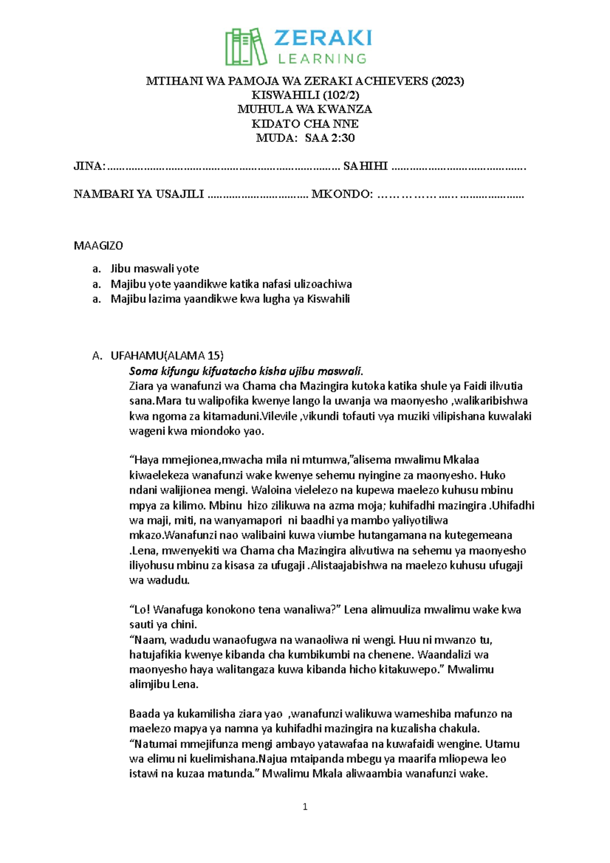 Kiswahili - Kiswahili pp2 Form 4 - Question Paper - MTIHANI WA PAMOJA ...