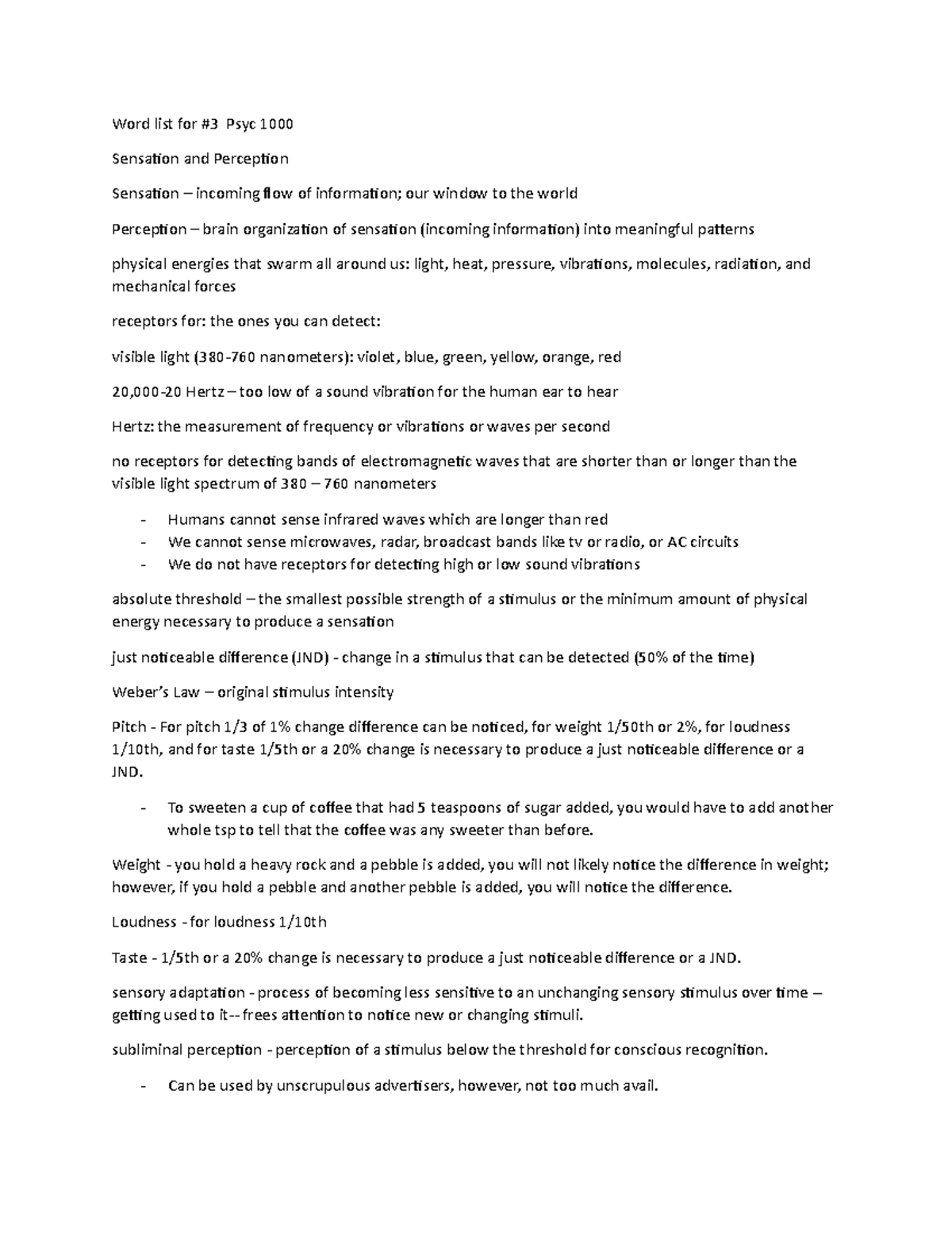 Lecture #3 psych - Word list for #3 Psyc 1000 Sensation and Perception ...