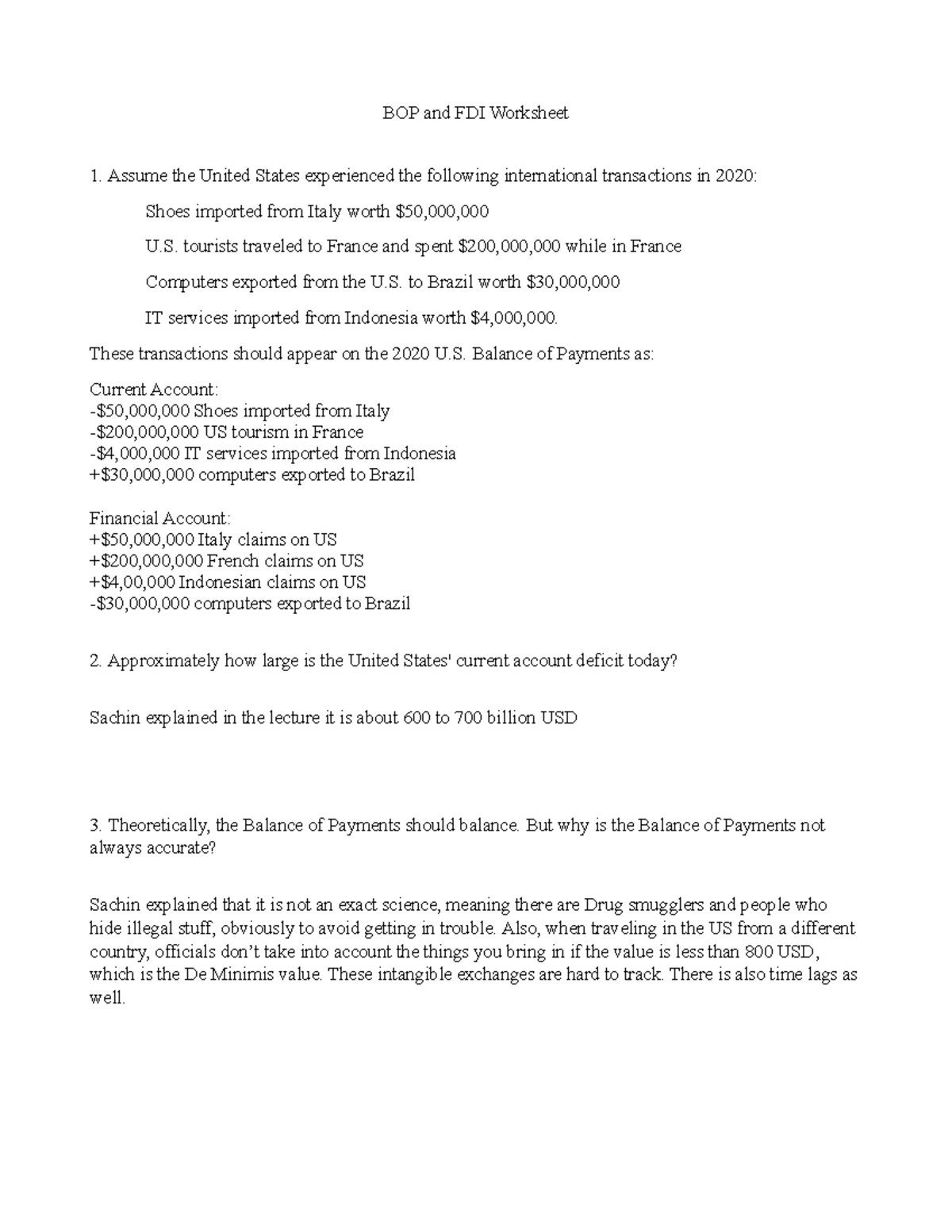 BOP and FDI Worksheet - BOP and FDI Worksheet Assume the United States ...