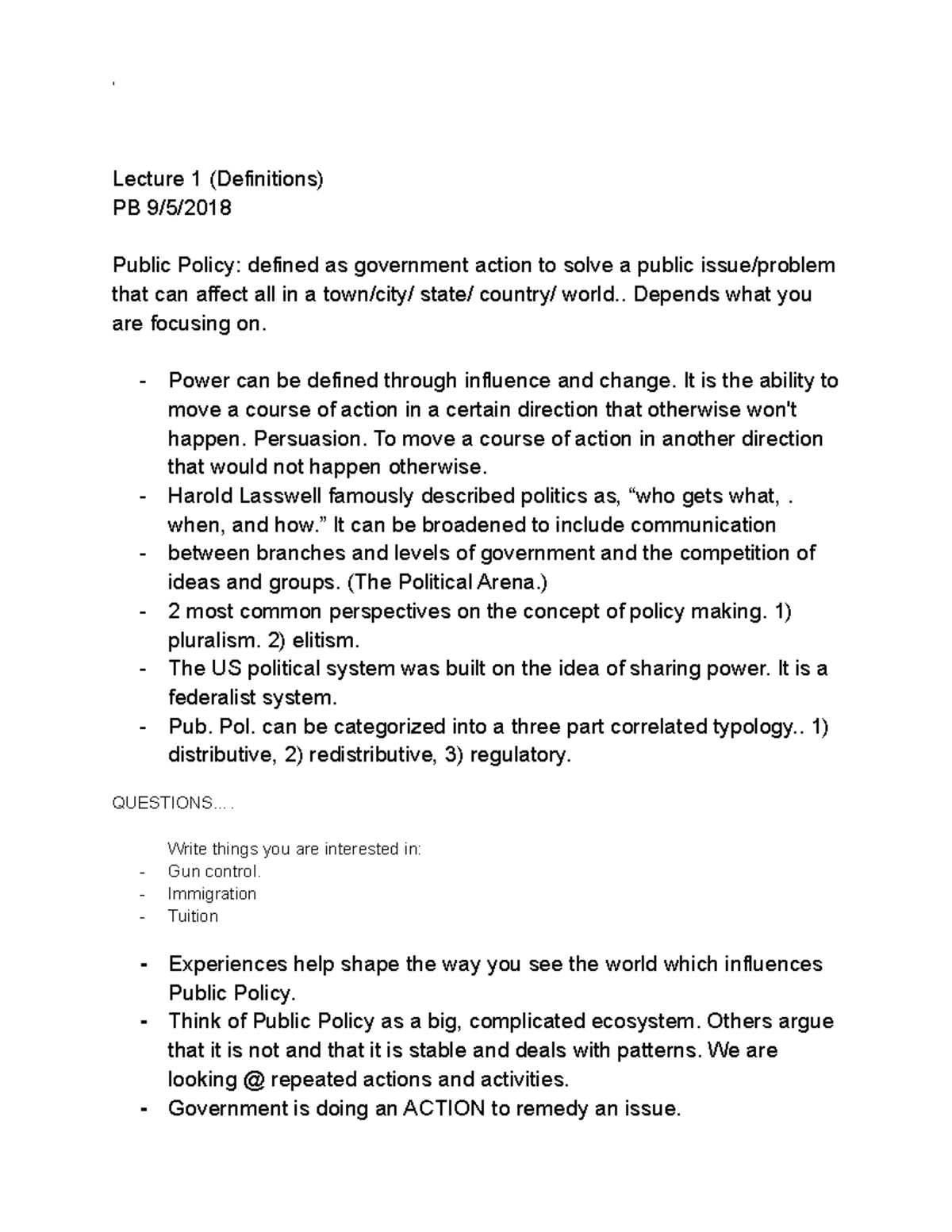 Public Policy Lect 1 - Lecture notes 1-5 - Lecture 1 (Definitions) PB 9 ...