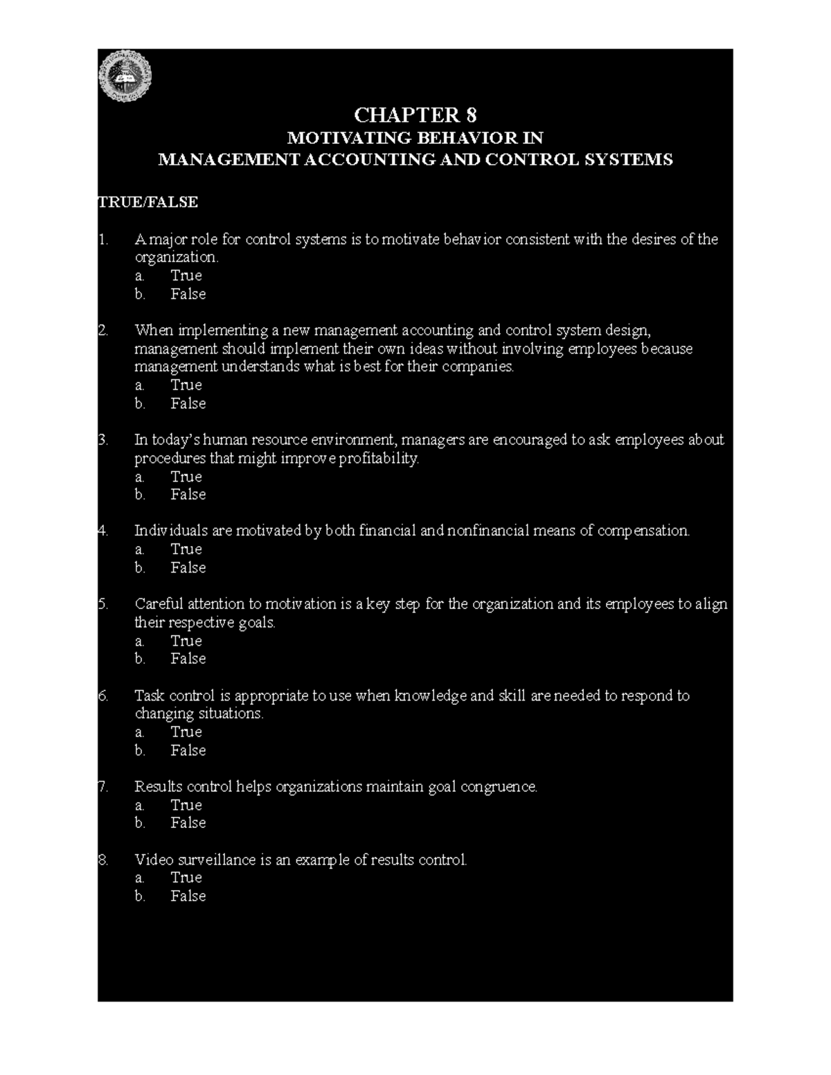 CHAP 08 - MANAGEMENT ACCOUNTING PRACTICE TEST CHAPTER 8 - Managerial ...