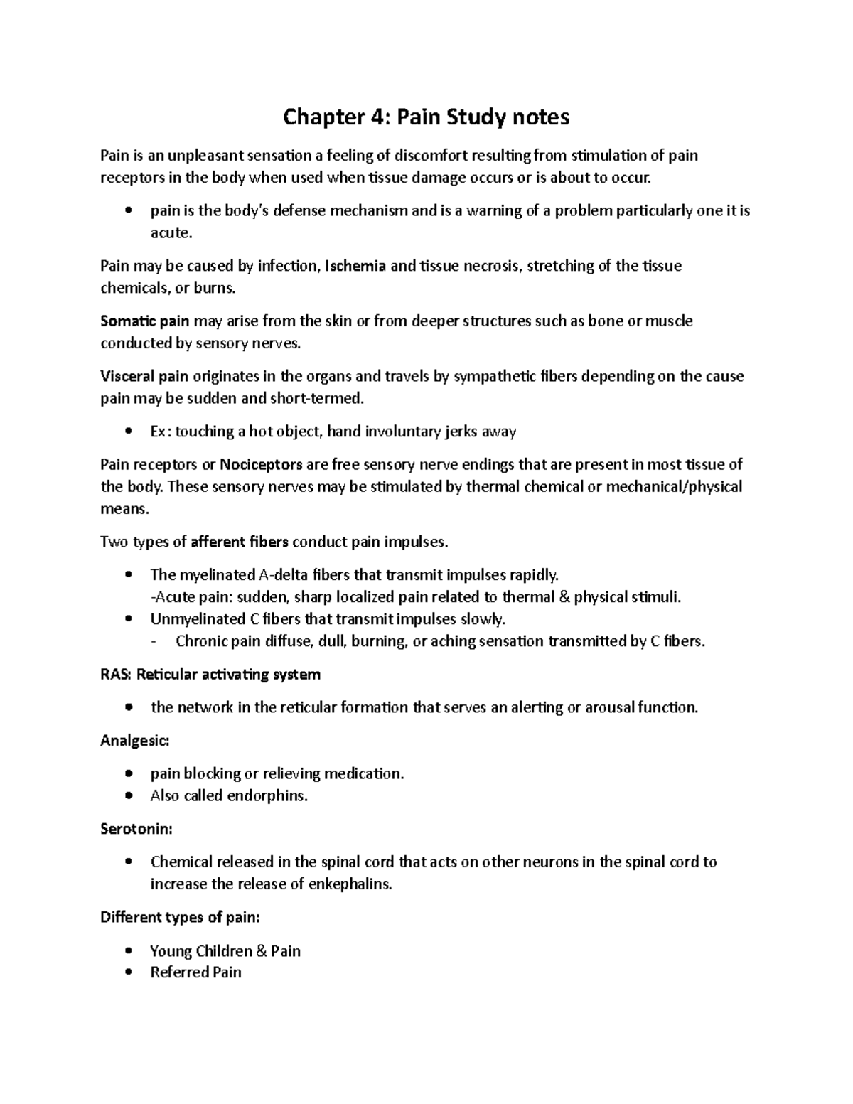 Chapter 4 Pain Notes - Chapter 4: Pain Study notes Pain is an ...
