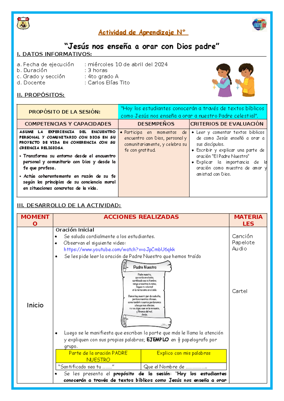 Sesion DE Aprendizaje Jesús nos enseña a orar con Dios padre - Actividad de Aprendizaje N ...
