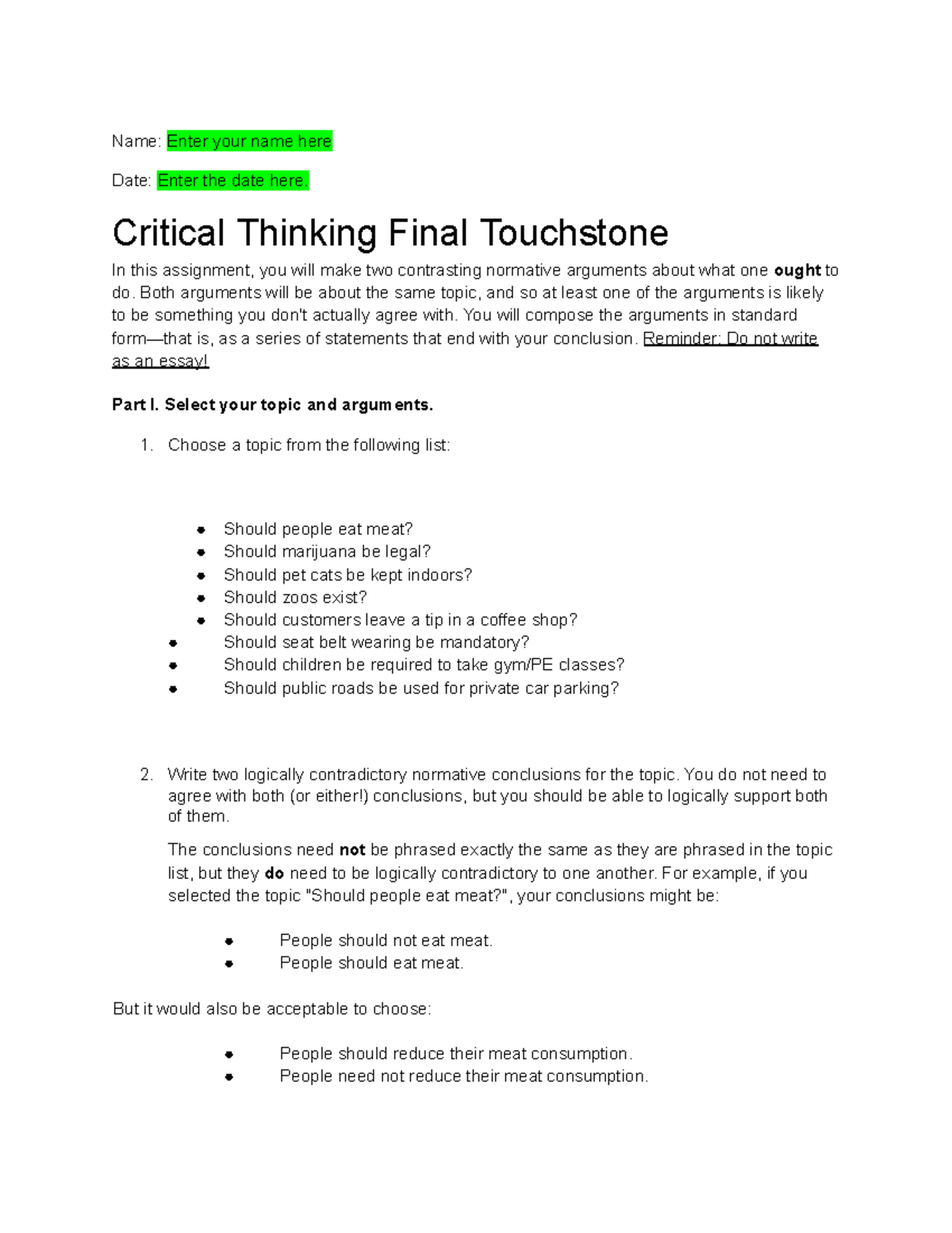 Final Touchstone Critical Thinking - Name: Enter your name here Date ...