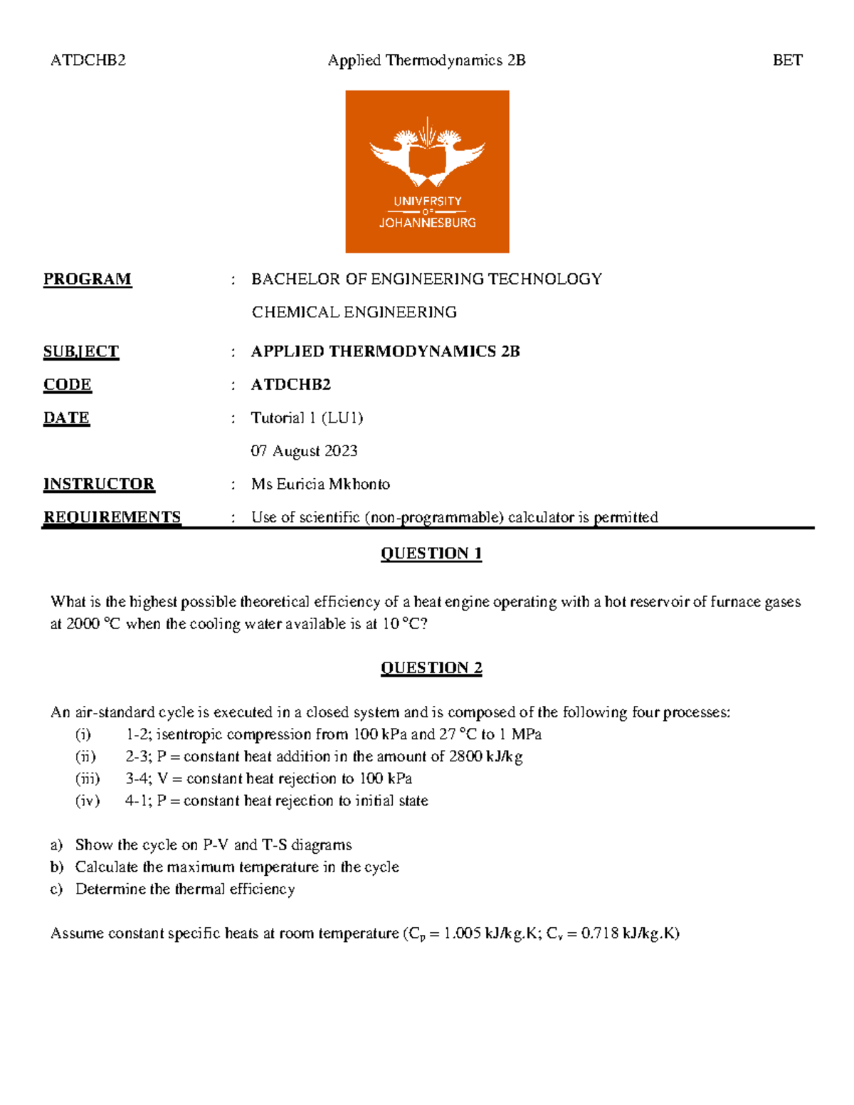 Atdchb 2 Tutorial 1 2023 - ATDCHB2 Applied Thermodynamics 2B BET ...