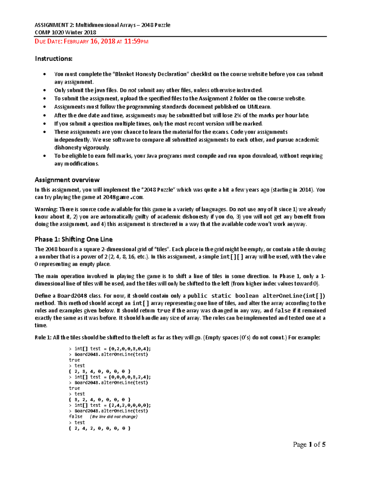 COMP1020Assignment 2 - assignment construction - ASSIGNMENT 2: Multidimensional Arrays – 2048 ...