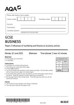GCSE Business - paper 2 Building a Business - June2022 - Centre Number ...