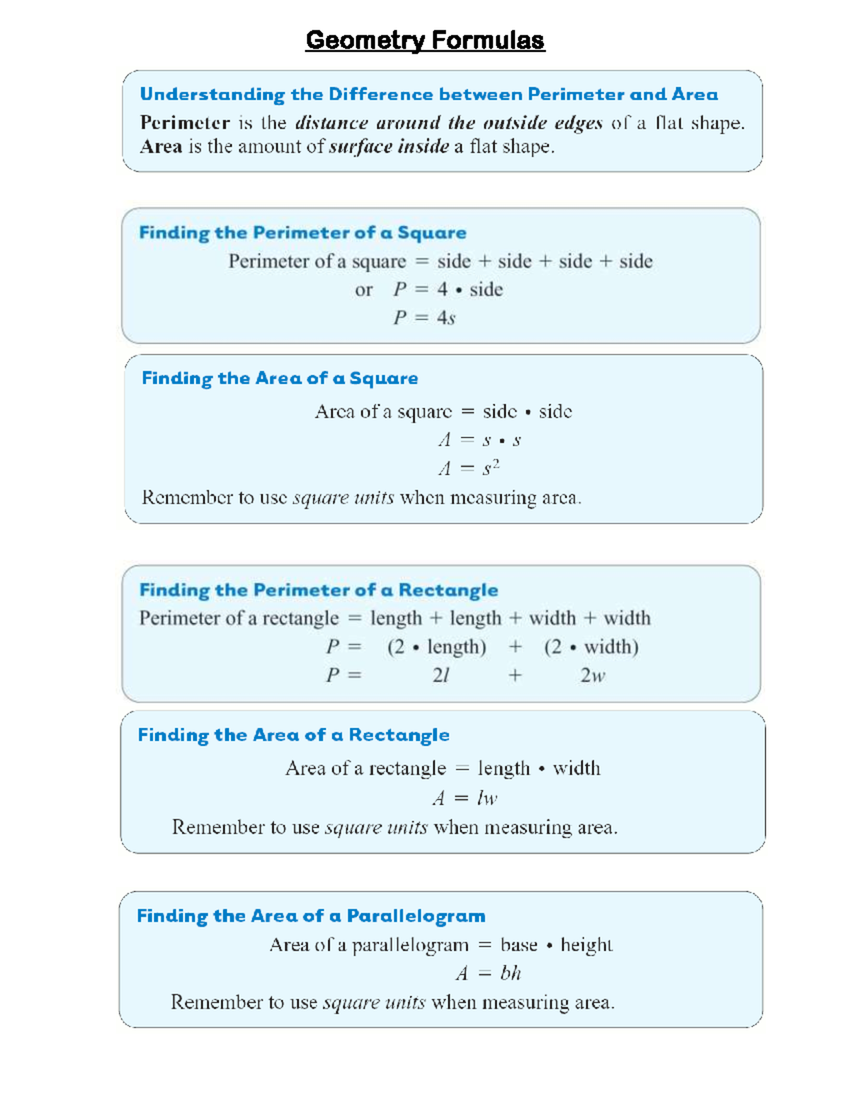 Geometry Formulas Reference Sheet - MAT 0028 - Geometry Formulas - Studocu
