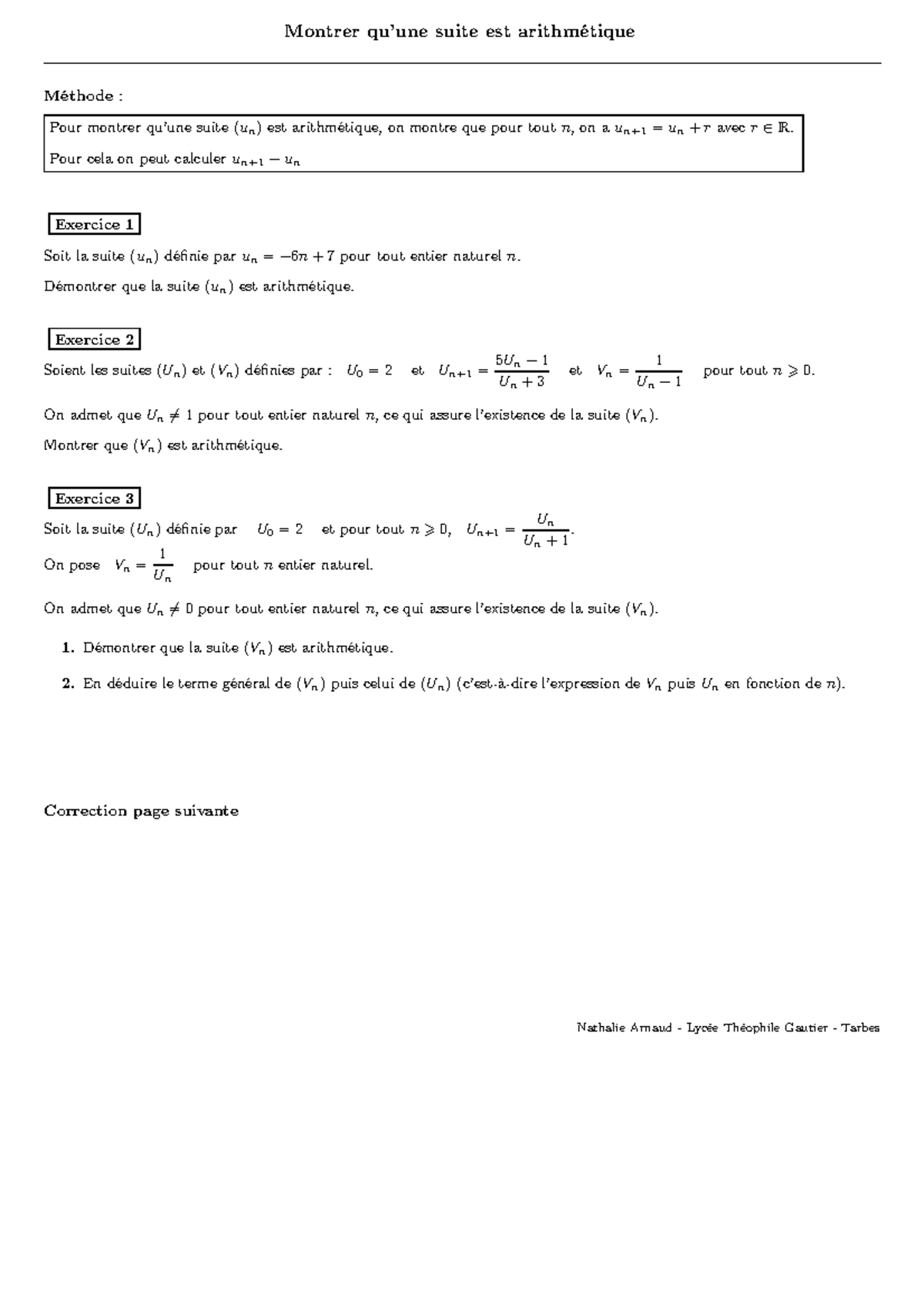 Exercices Montrer qu'une suite est arithmétiques - Montrer qu’une suite ...