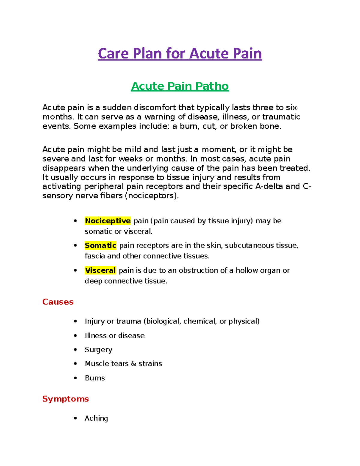 Care Plan for Acute Pain - Care Plan for Acute Pain Acute Pain Patho ...