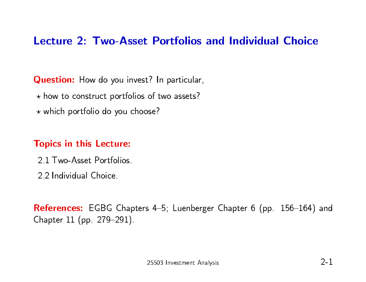 Lecture 2-Slides - Investment Analysis - Lecture 2: Two-Asset ...