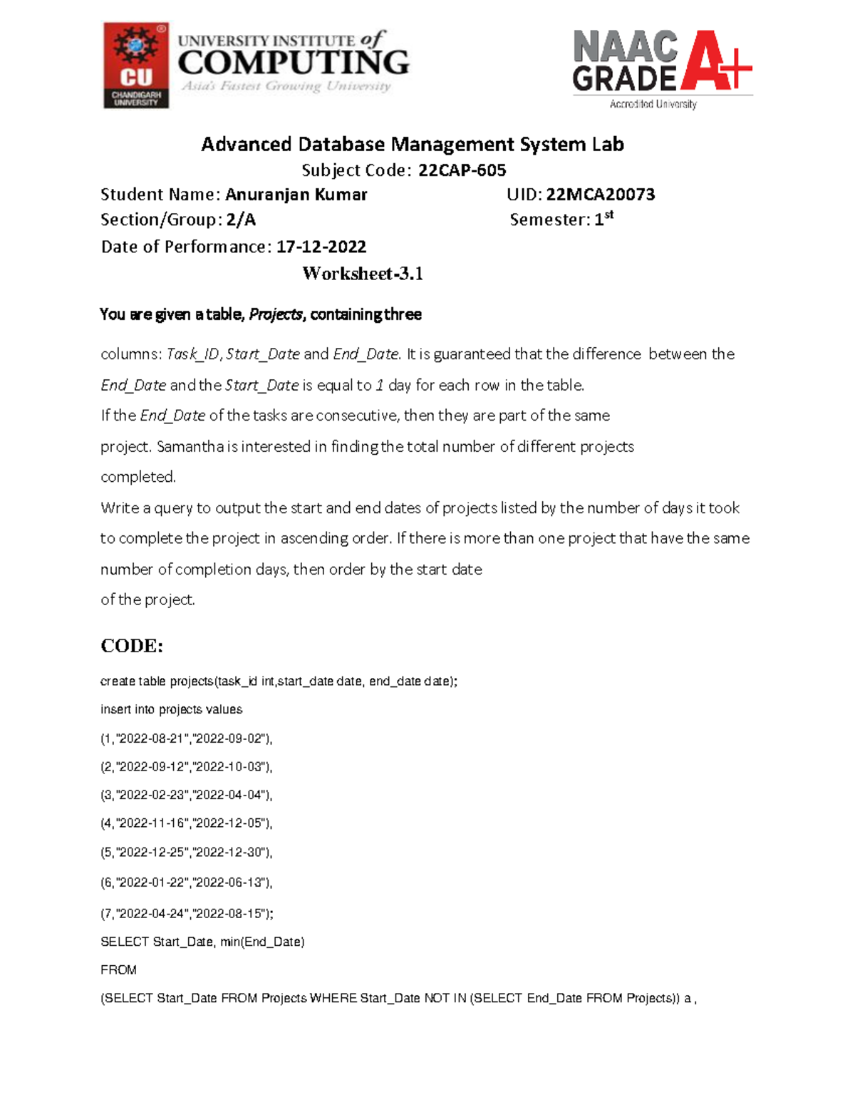 Adbms 3 This Is A Worksheet In Chnadigarh University Advanced Database Management System Lab