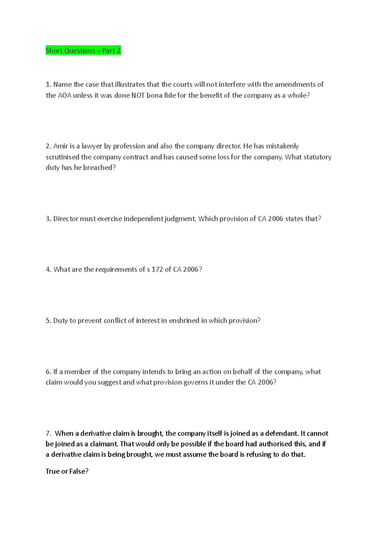 Short Questions Part 2 - Short Questions – Part 2 Name the case that ...