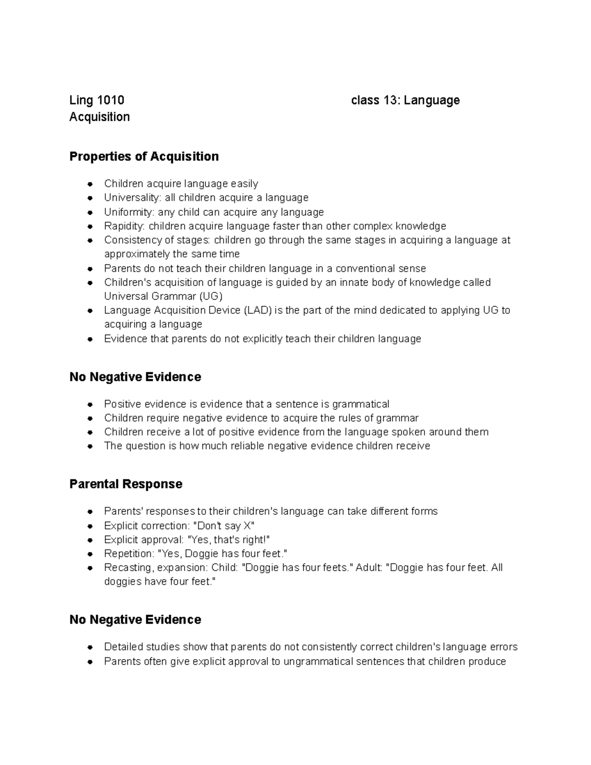 Ling 1010 class 13: Language Acquisition - Ling 1010 class 13: Language ...