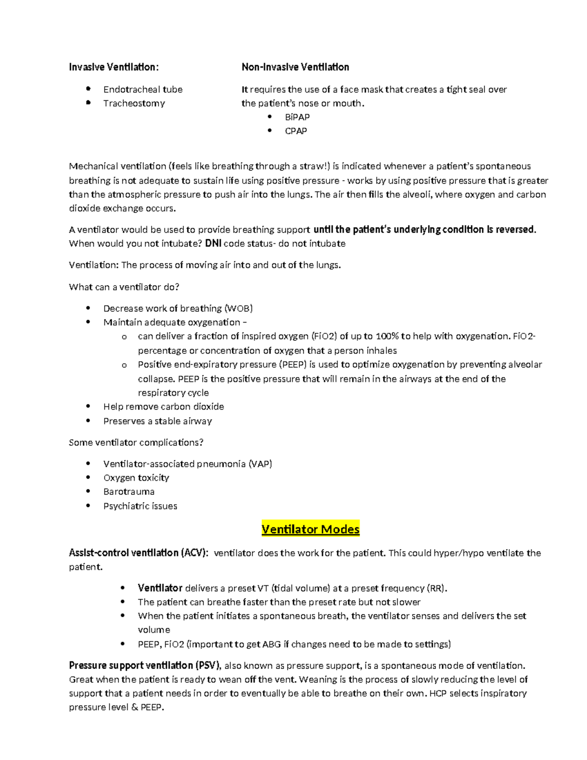 Ventilation information - Invasive Ventilation: Non-invasive ...