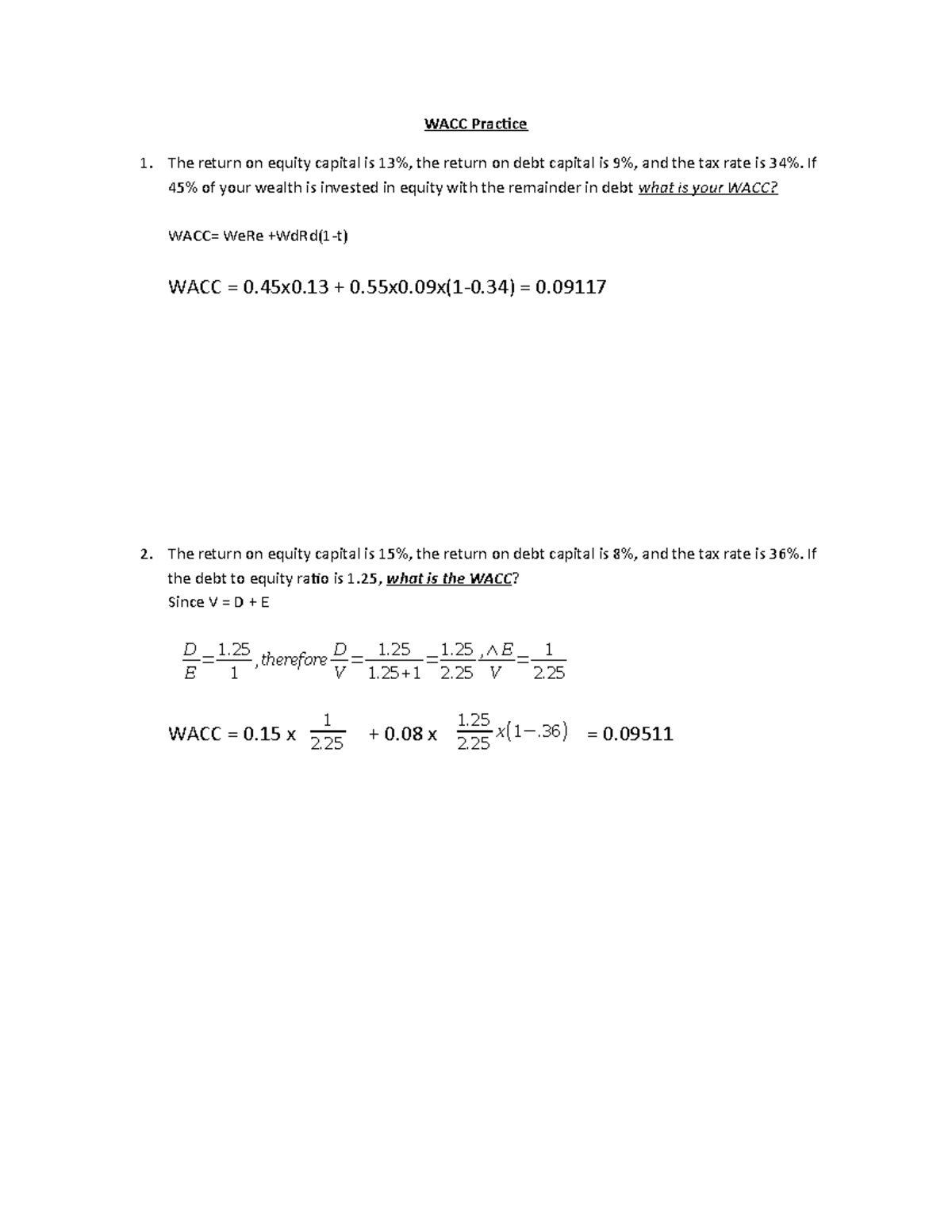 WACC Practice Summer 2020 Steve - corrected - WACC Practice The return ...