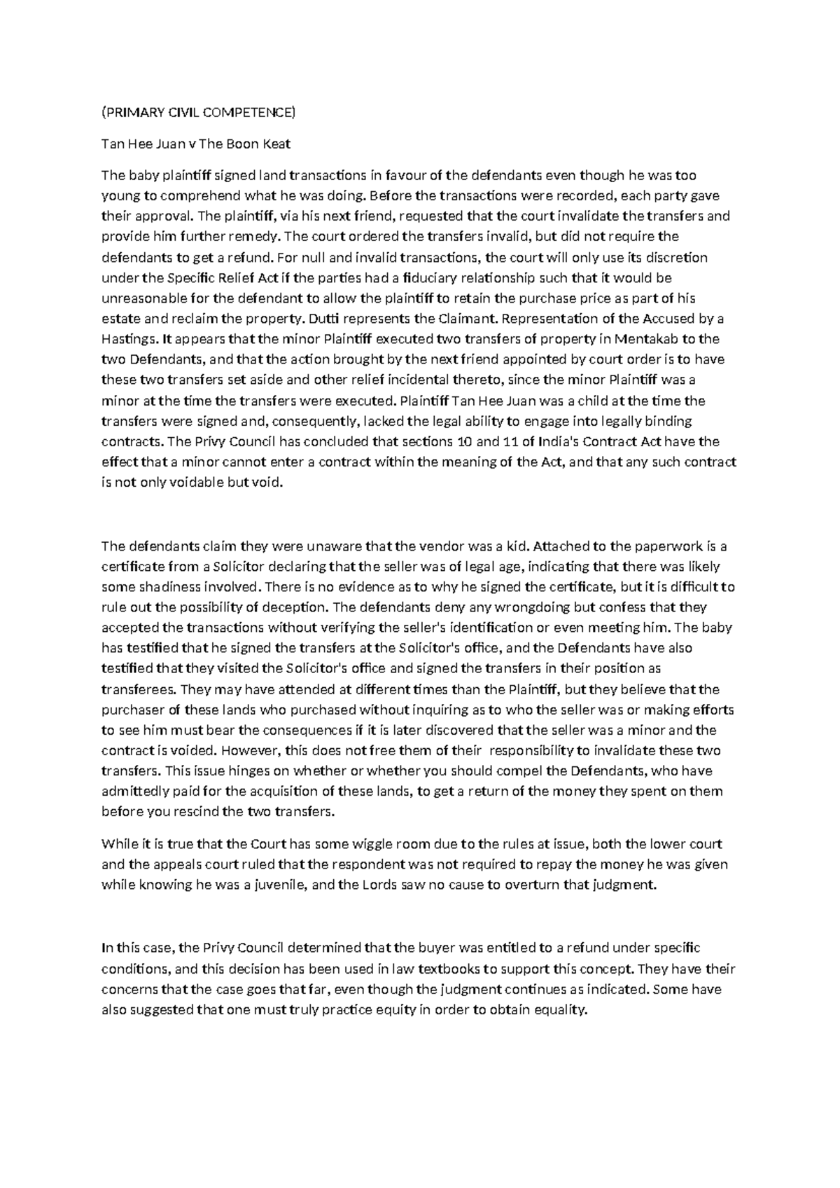 Summary TEH VS TAN - teh vs tan - (PRIMARY CIVIL COMPETENCE) Tan Hee ...