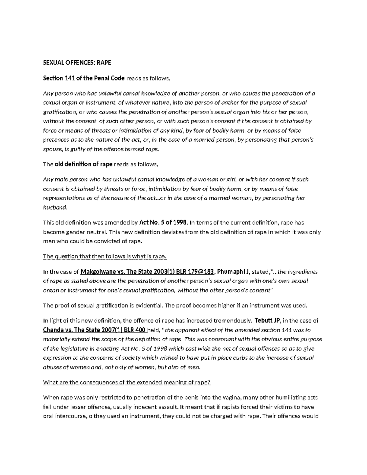 Sexual offences - Notes - SEXUAL OFFENCES: RAPE Section 141 of the ...
