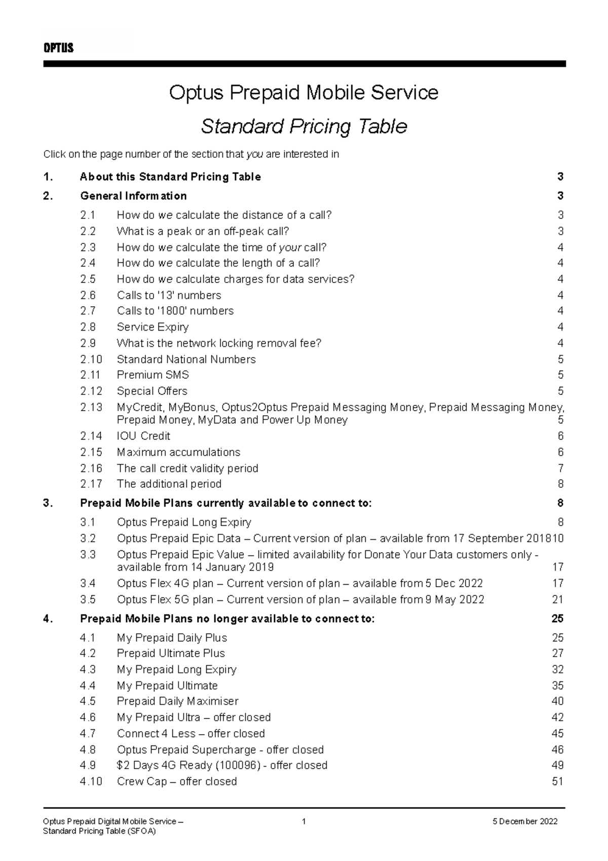 Optus standard pricing table - Optus Prepaid Mobile Service Standard ...