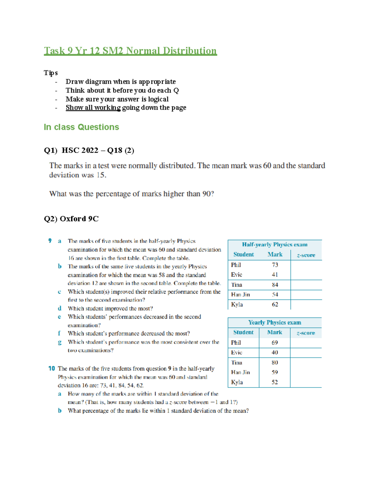 Normal Distribution - Task 9 Yr 12 SM2 Normal Distribution Tips - Draw ...