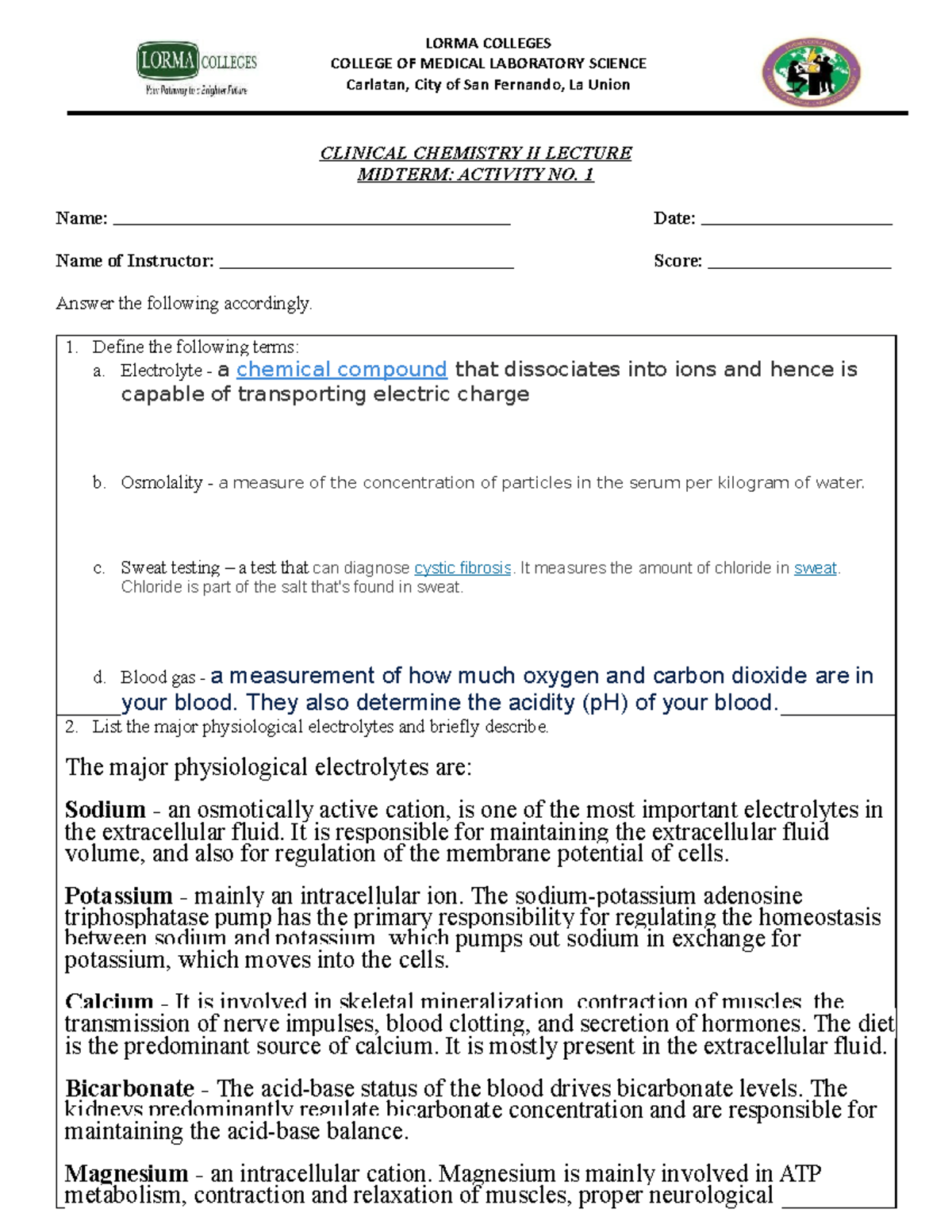 CC2 Lecture Activity 1 - ####### LORMA COLLEGES ####### COLLEGE OF ...