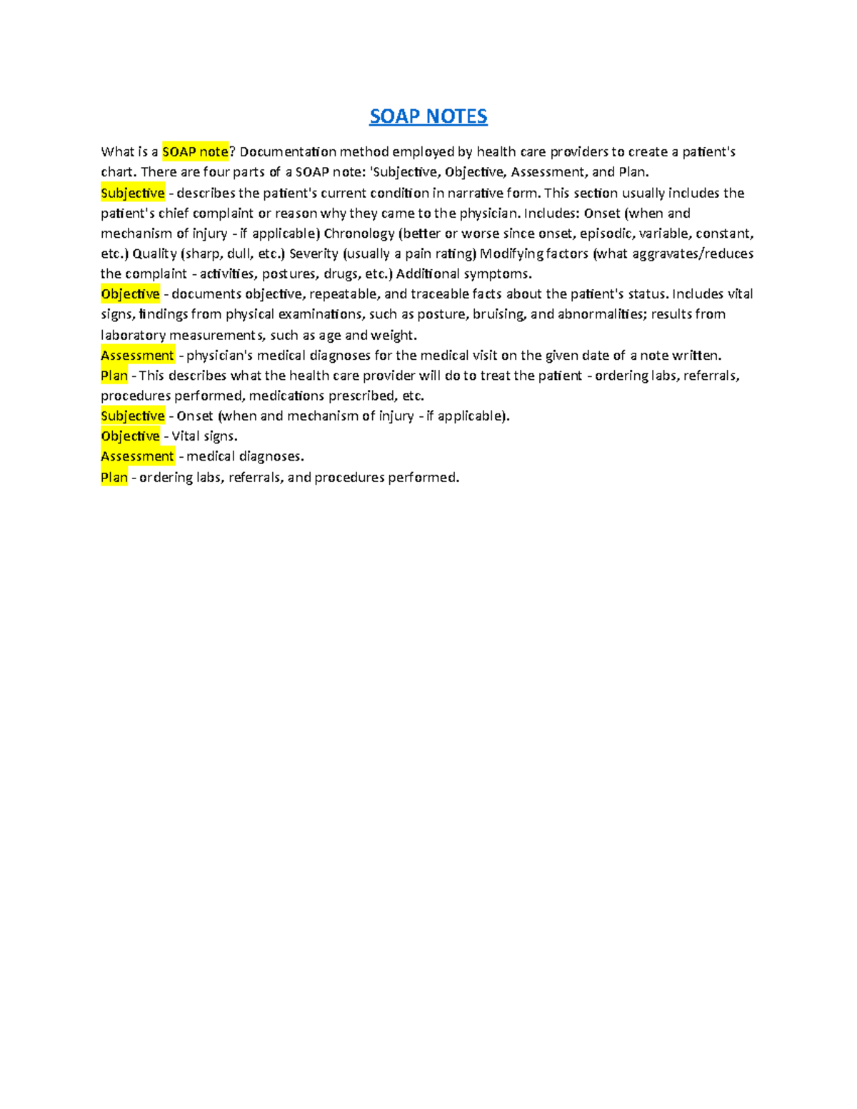 SOAP Notes Study Guide - SOAP NOTES What is a SOAP note? Documentation ...