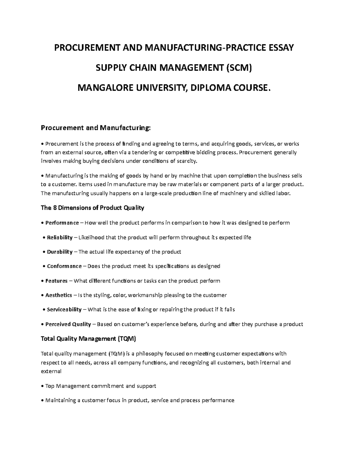 Procurement And Manufacturing (SCM) - PROCUREMENT AND MANUFACTURING ...