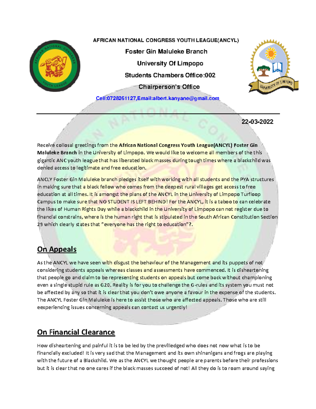 Ancyl Communique release - AFRICAN NATIONAL CONGRESS YOUTH LEAGUE(ANCYL ...
