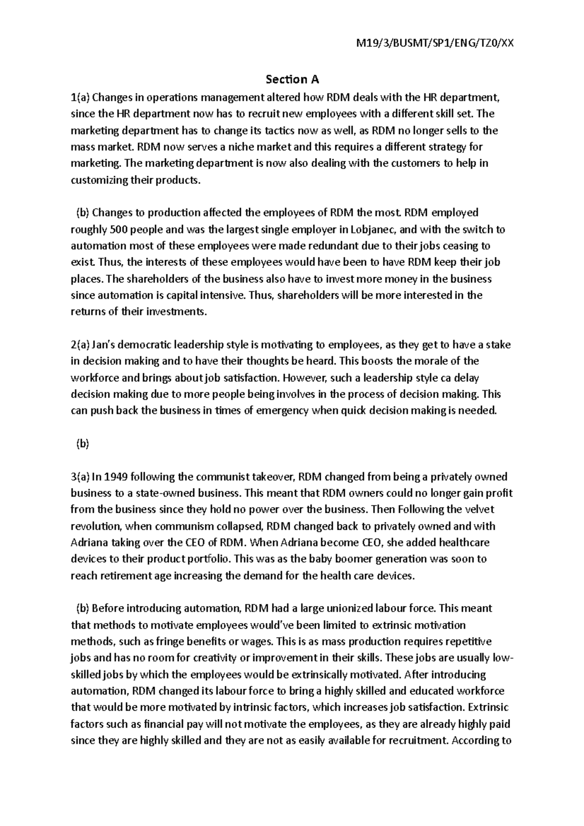 Paper 1 - RDM Case study - M19/3/BUSMT/SP1/ENG/TZ0/XX Section A 1(a ...