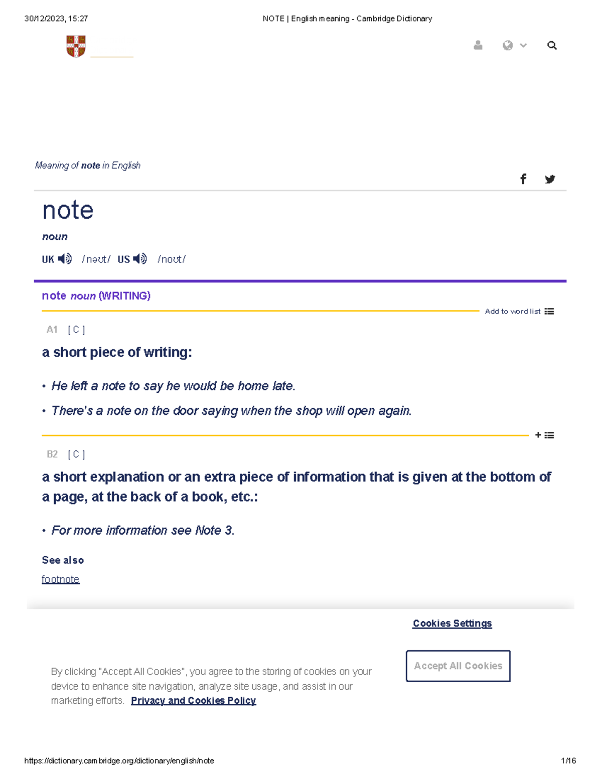 NOTE - sdasfsdfsd - Meaning of note in English note noun UK /nəʊt / US ...
