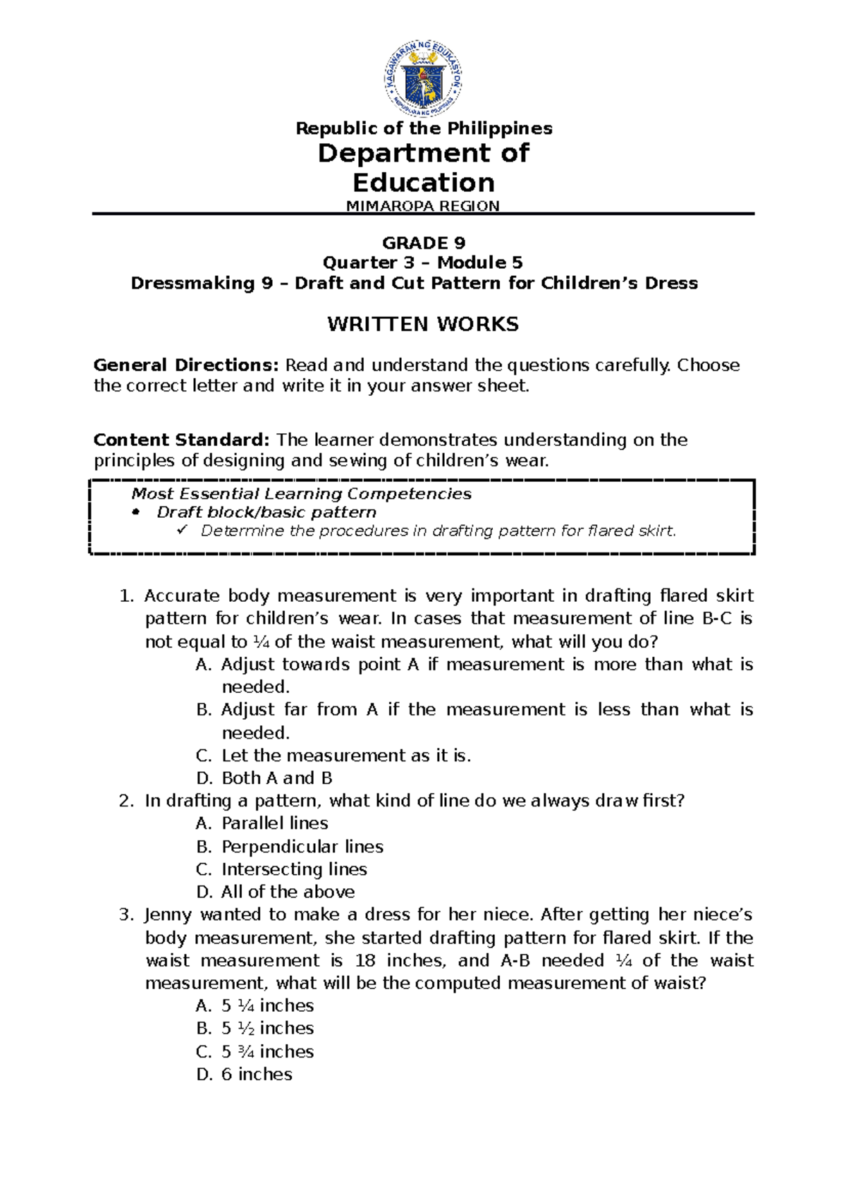 Grade 9 Assessment Q3-M5 - GRADE 9 Quarter 3 – Module 5 Dressmaking 9 ...