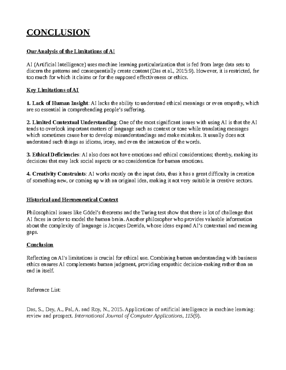 Conclusion final - Wves222 - CONCLUSION Our Analysis of the Limitations ...