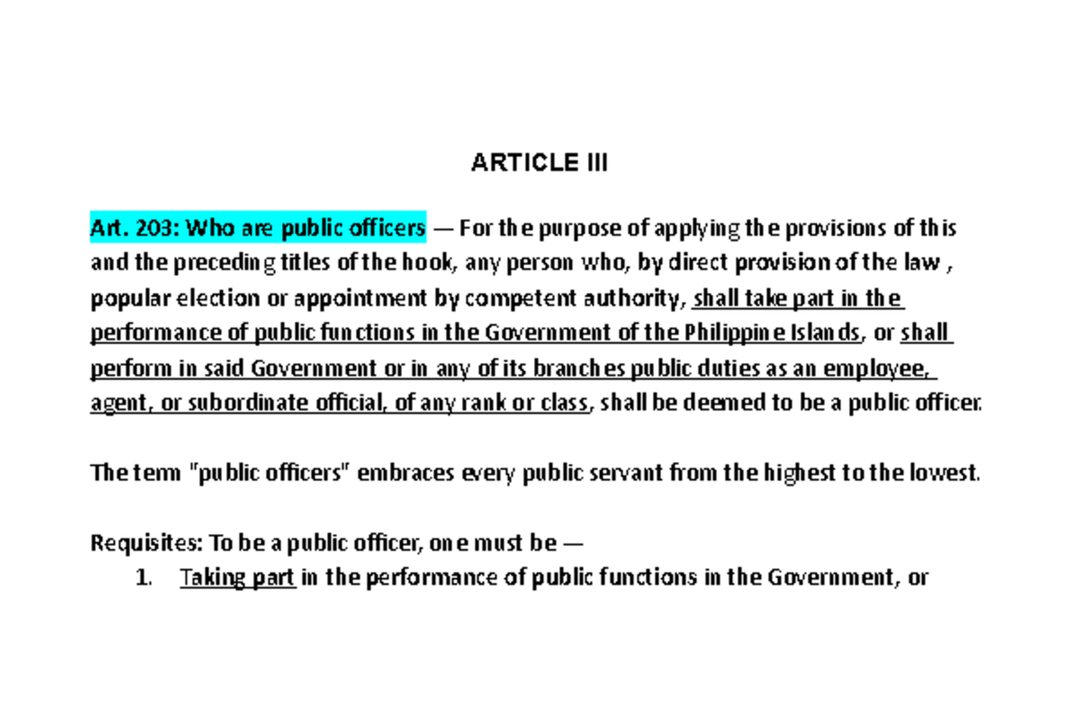 Crim Flashcard - ARTICLE III Art. 203: Who are public officers — For ...