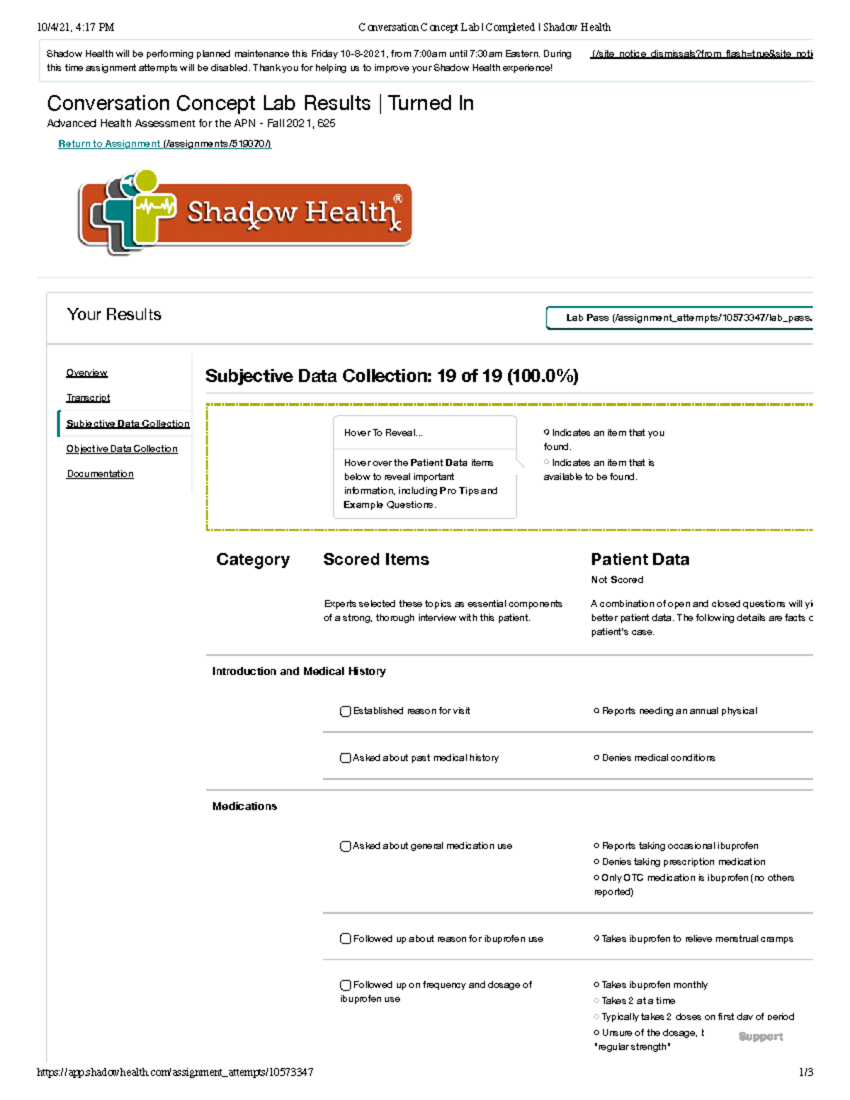 Conversation Concept Lab Subjective Shadow Health - 10/4/21, 4:17 PM ...