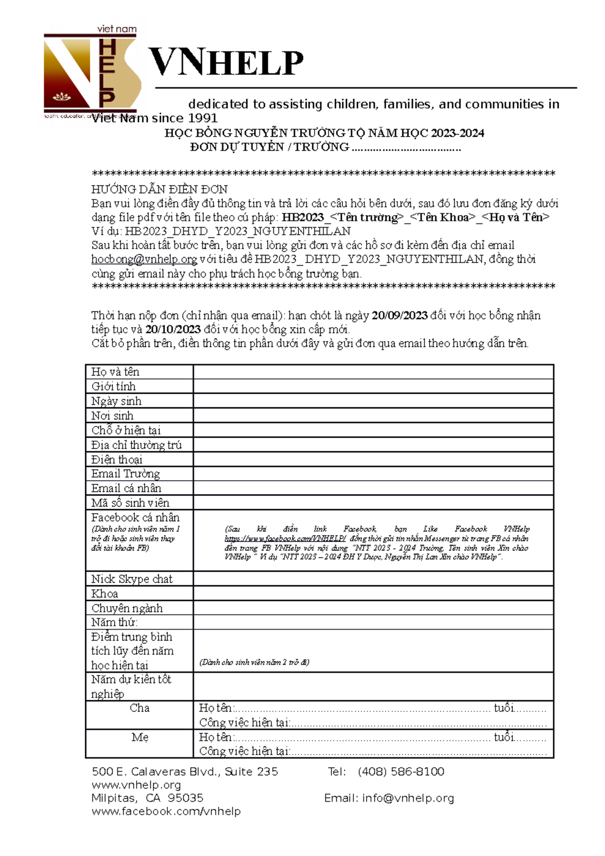 Don xin du tuyen hoc bong NTT - VNHELP dedicated to assisting children, families, and ...