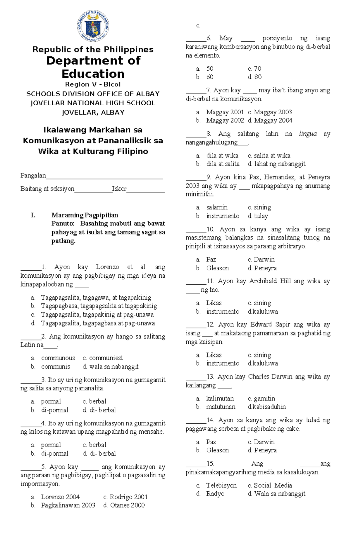 1st quarterly exam - Republic of the Philippines Department of ...