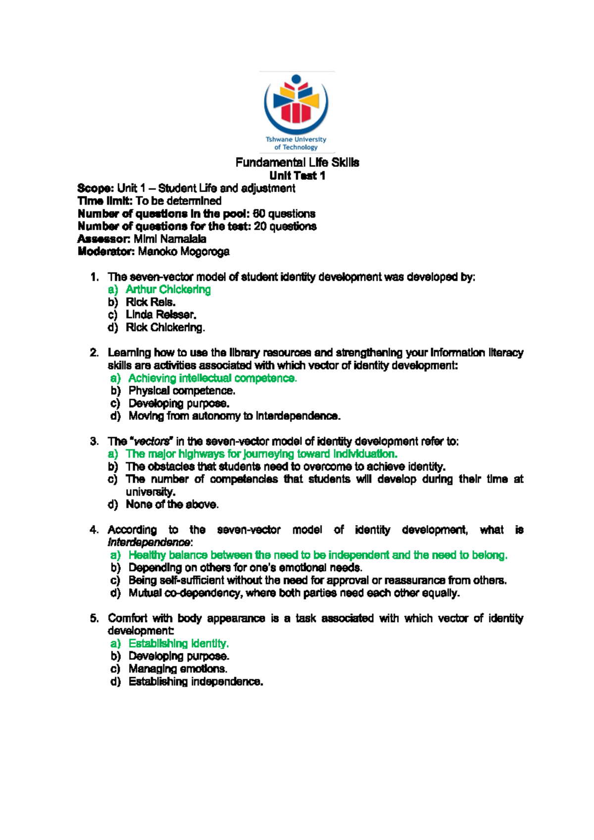 Life skills 1st quiz answers - EDS3701 - Studocu