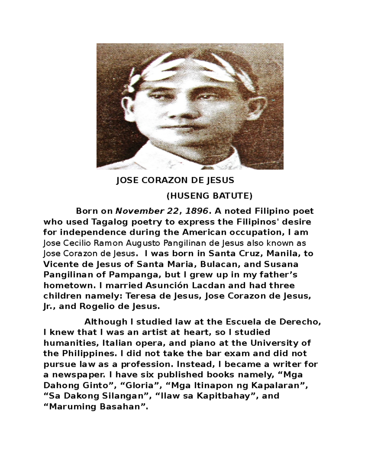 Filipino Writer - aaaaaa - JOSE CORAZON DE JESUS (HUSENG BATUTE) Born ...