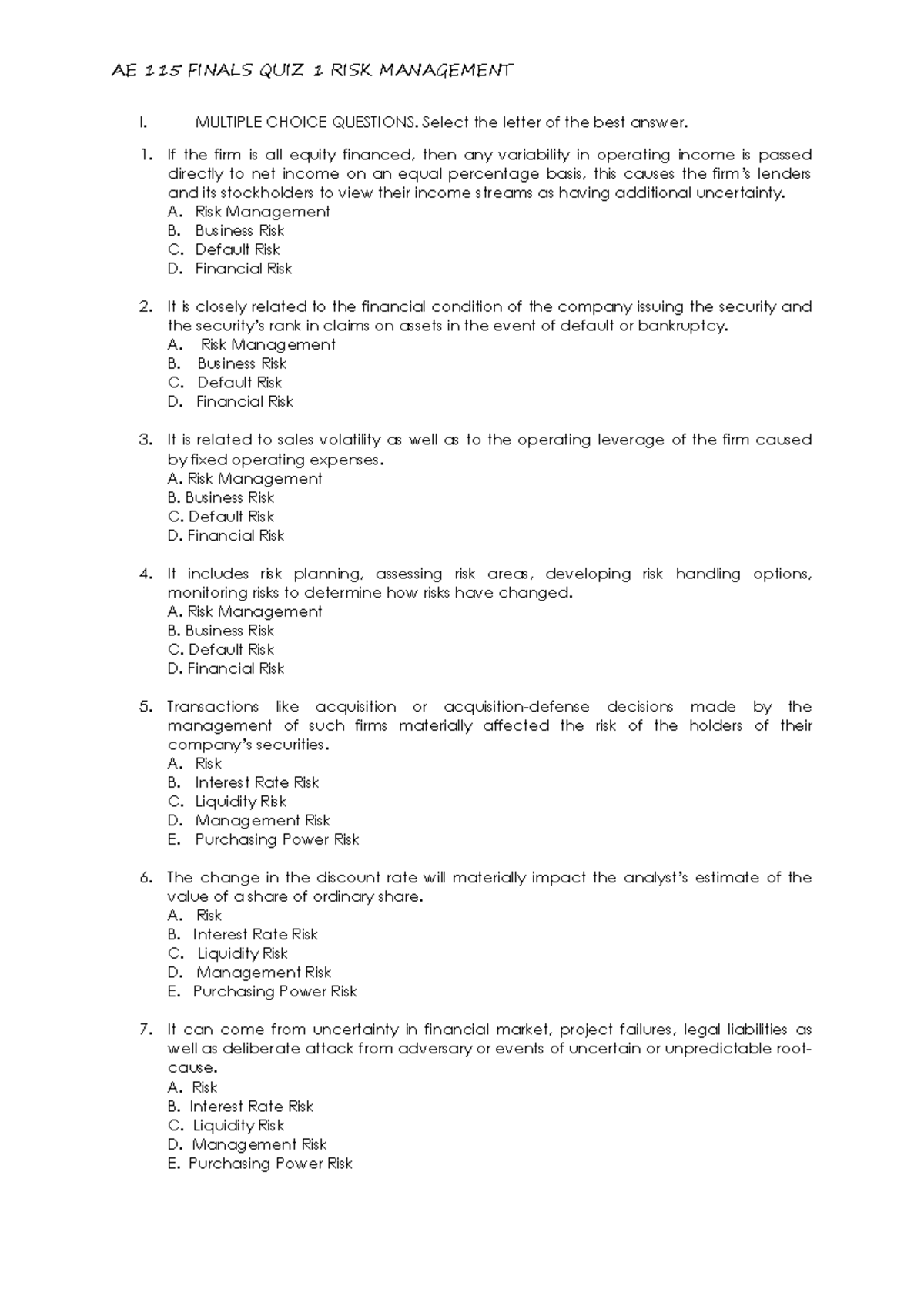 AE 115 Finals QUIZ 1 with answers - I. MULTIPLE CHOICE QUESTIONS ...
